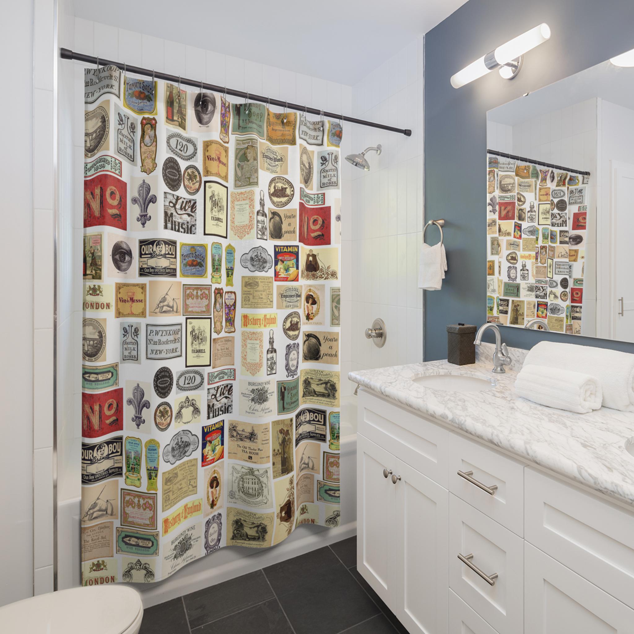 Vintage Label Shower Curtain, Label Collage, Nostalgic Bathroom Decor ...