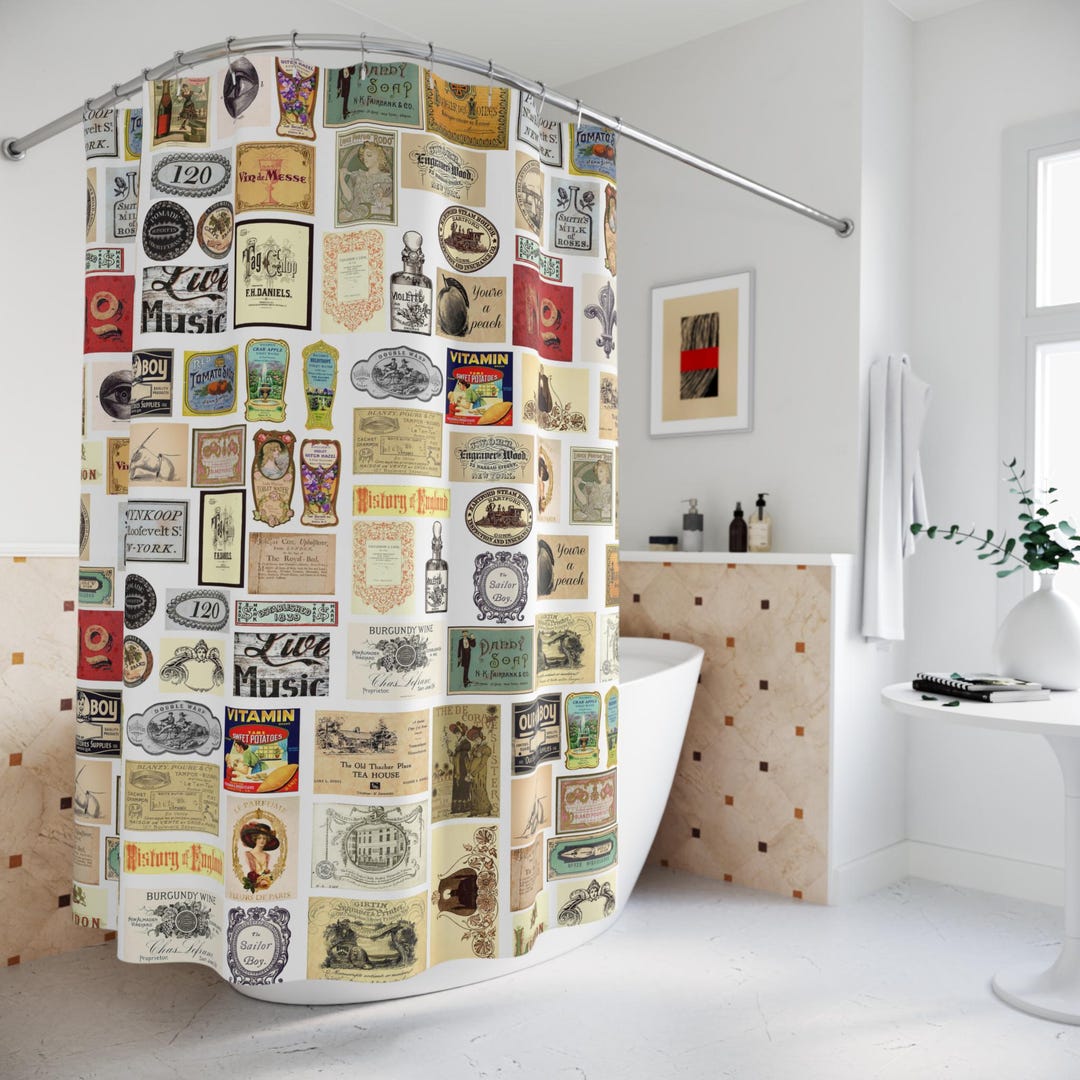 Vintage Label Shower Curtain, Label Collage, Nostalgic Bathroom Decor ...