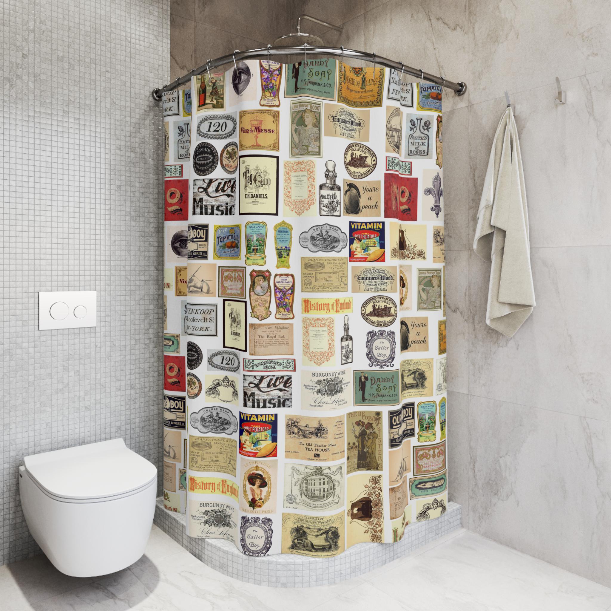 Vintage Label Shower Curtain, Label Collage, Nostalgic Bathroom Decor ...
