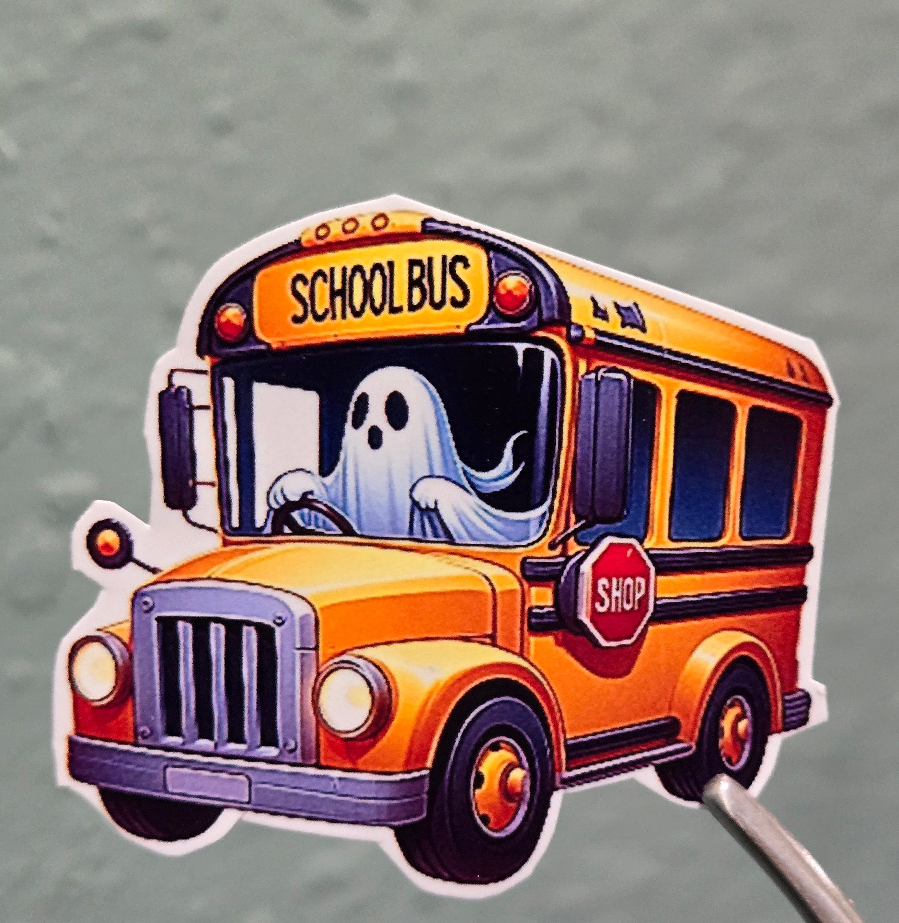 Halloween School Bus Ghost Driving a Yellow School Bus Vinyl Sticker, Journaling Kids Gift All ...