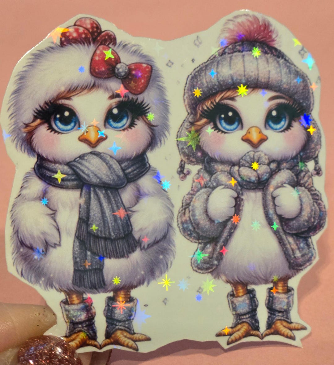 Adorable Chicken Ladies All Dress up for Winter Hologram Sticker. Mugs ...
