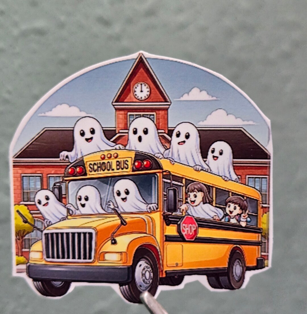 Halloween School Bus Ghost Driving a Yellow School Bus Vinyl Sticker ...