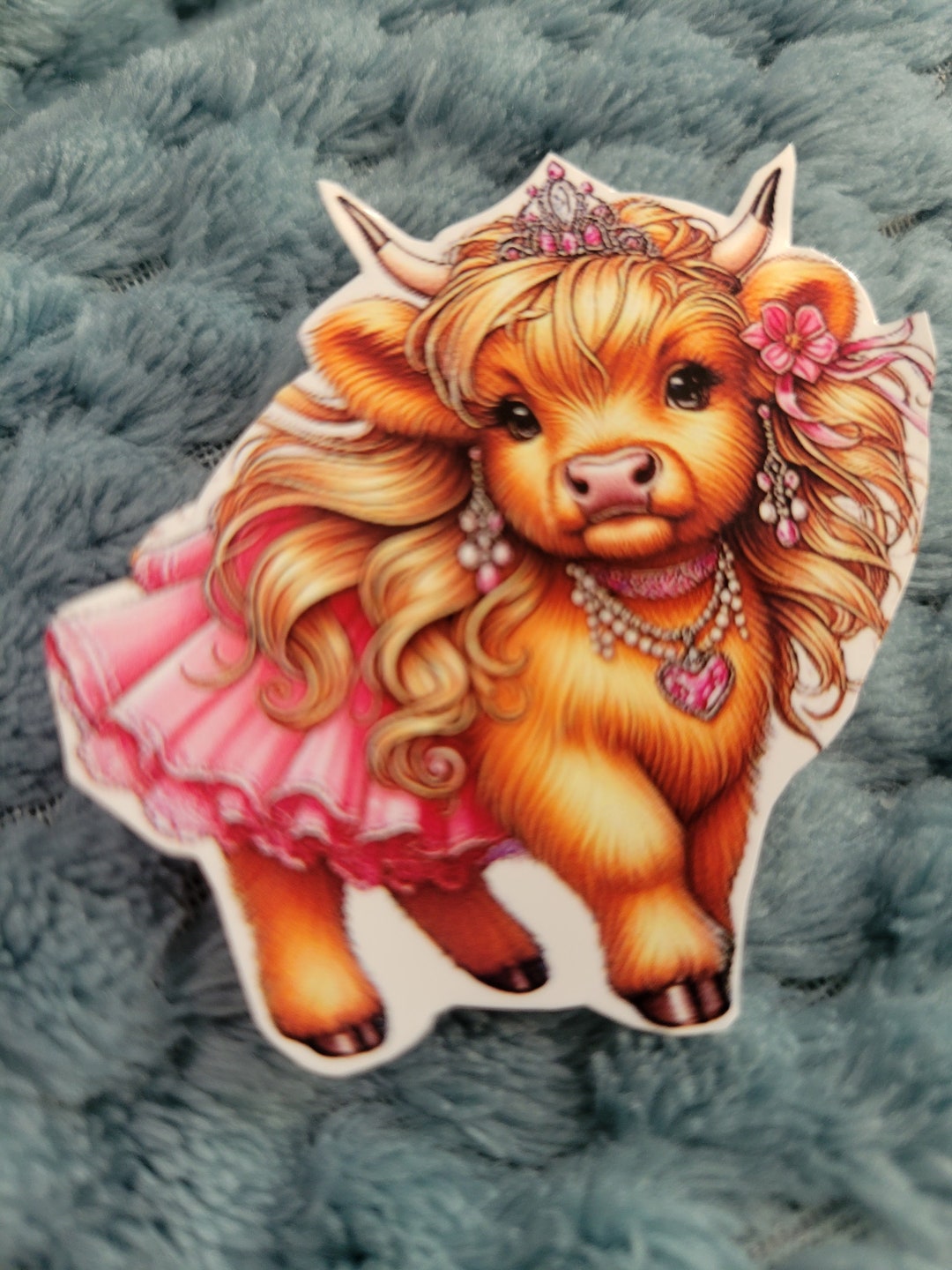 New 1 Baby Highland Cow in a Pink Tutu and Tiara Vinyl Sticker Journals ...