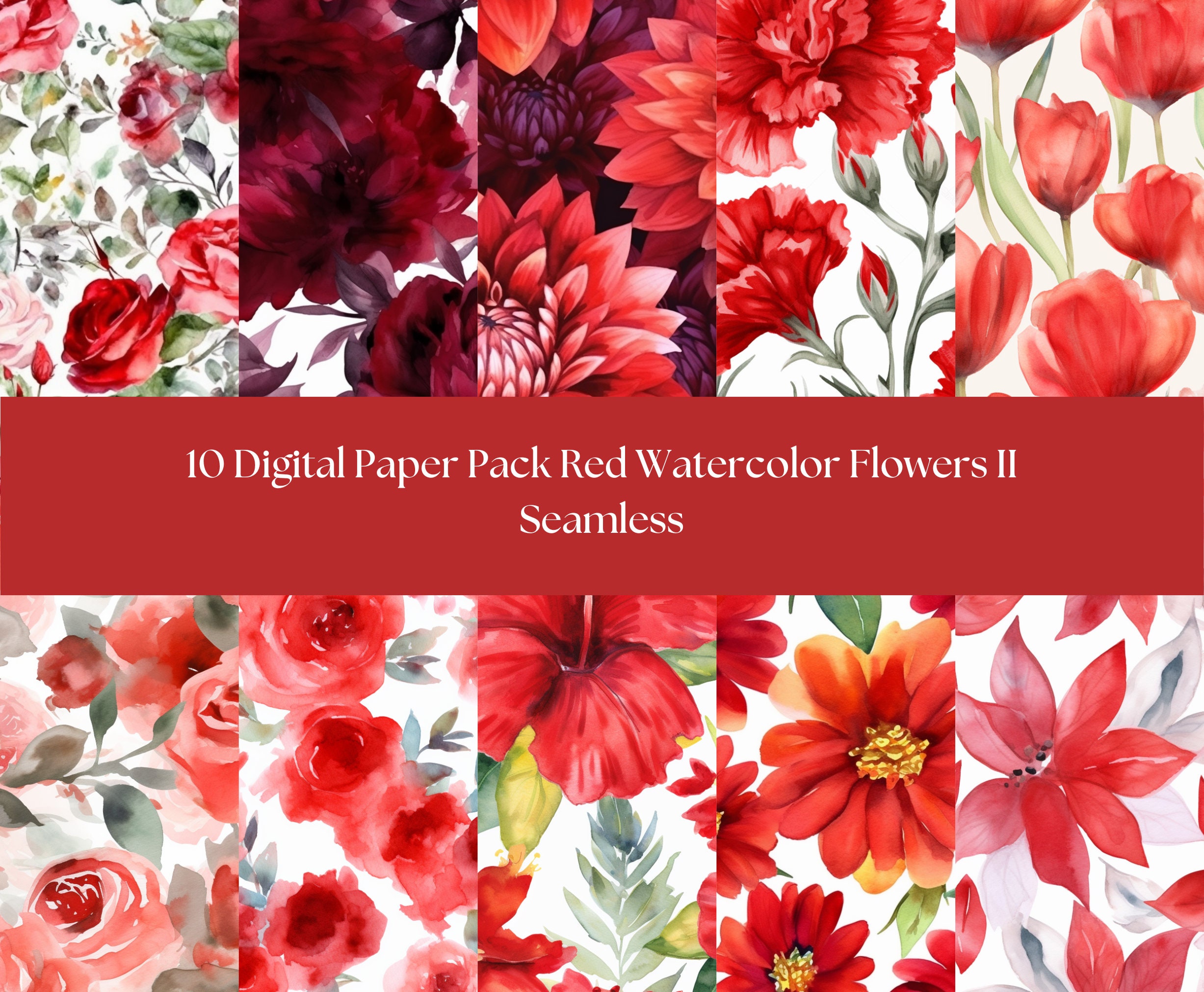 10 Seamless Digital Paper Pack Red Watercolor Flowers II - Etsy