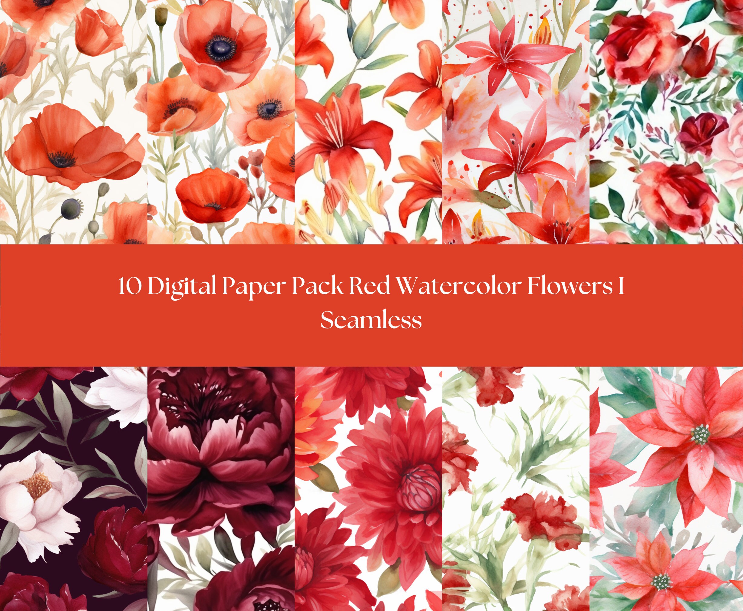 10 Seamless Digital Paper Pack Red Watercolor Flowers I - Etsy