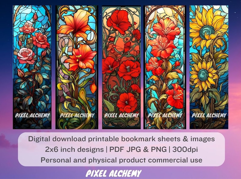 Stained Glass Flowers Printable Bookmarks Digital Download - Etsy