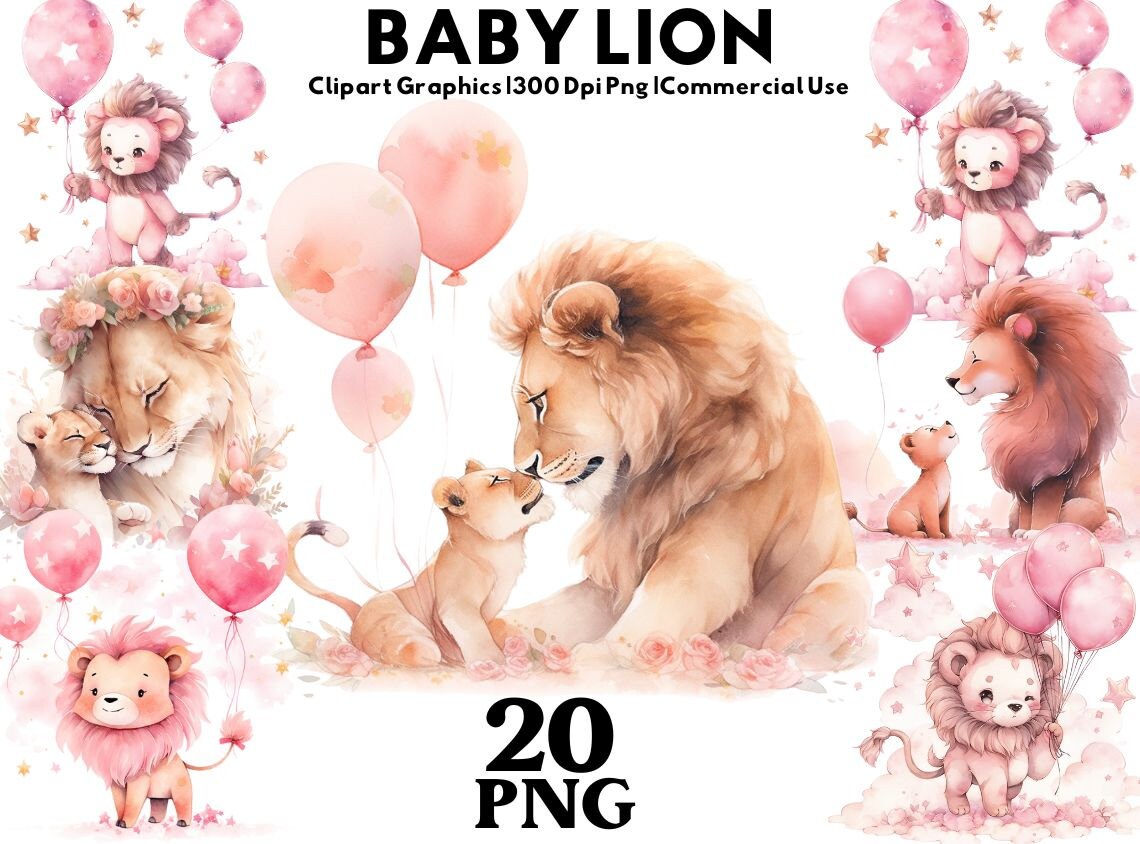 Watercolor Lion Baby Lion Clipart Baby Lion With Balloons - Etsy