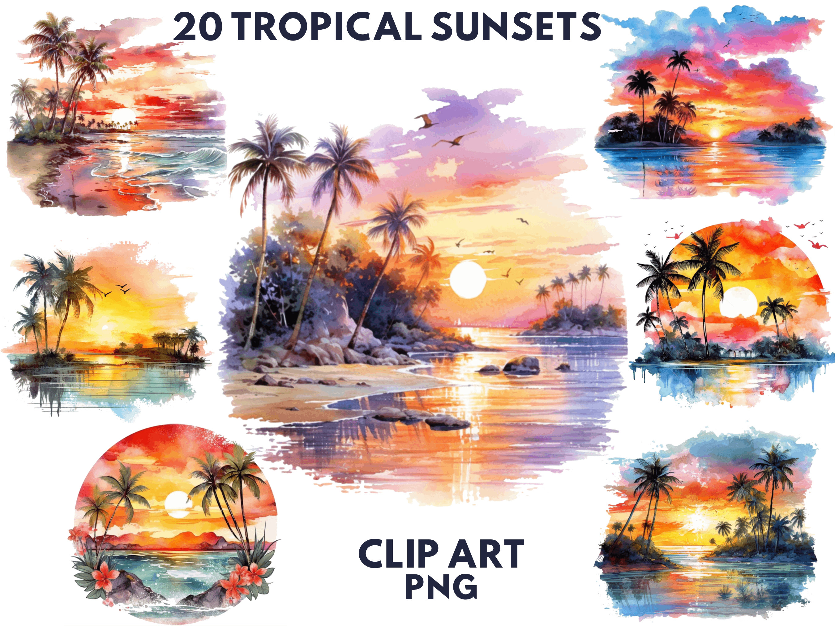 Watercolor Tropical Sunsets Clipart, Summer Clipart, Sunset Svg ...
