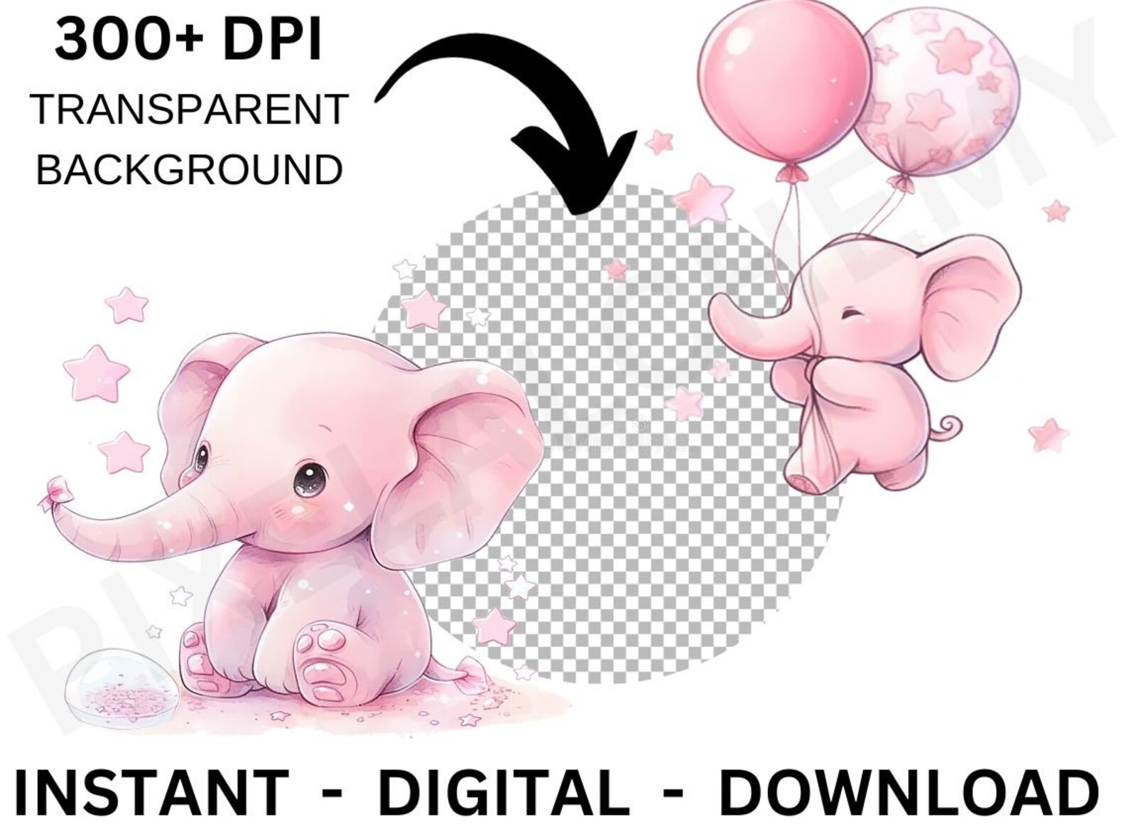 Watercolor Elephant, Baby Elephant Clipart, Baby Elephant With Balloons ...