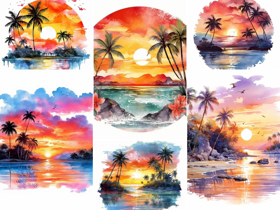Watercolor Tropical Sunsets Clipart, Summer Clipart, Sunset Svg ...