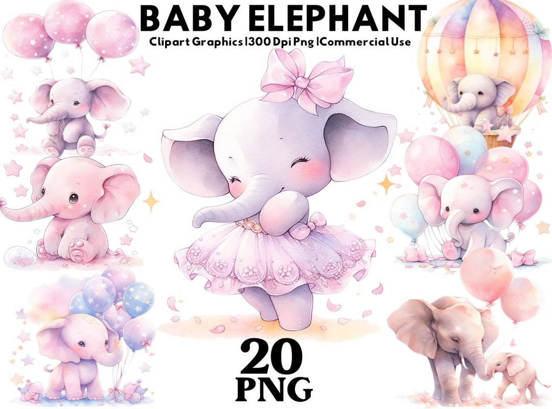 Watercolor Elephant, Baby Elephant Clipart, Baby Elephant With Balloons ...
