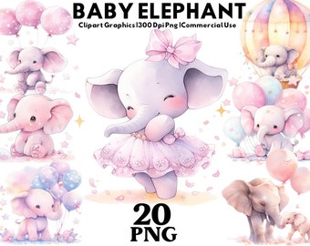 Watercolor Elephant, Baby Elephant Clipart, Baby Elephant With Balloons ...