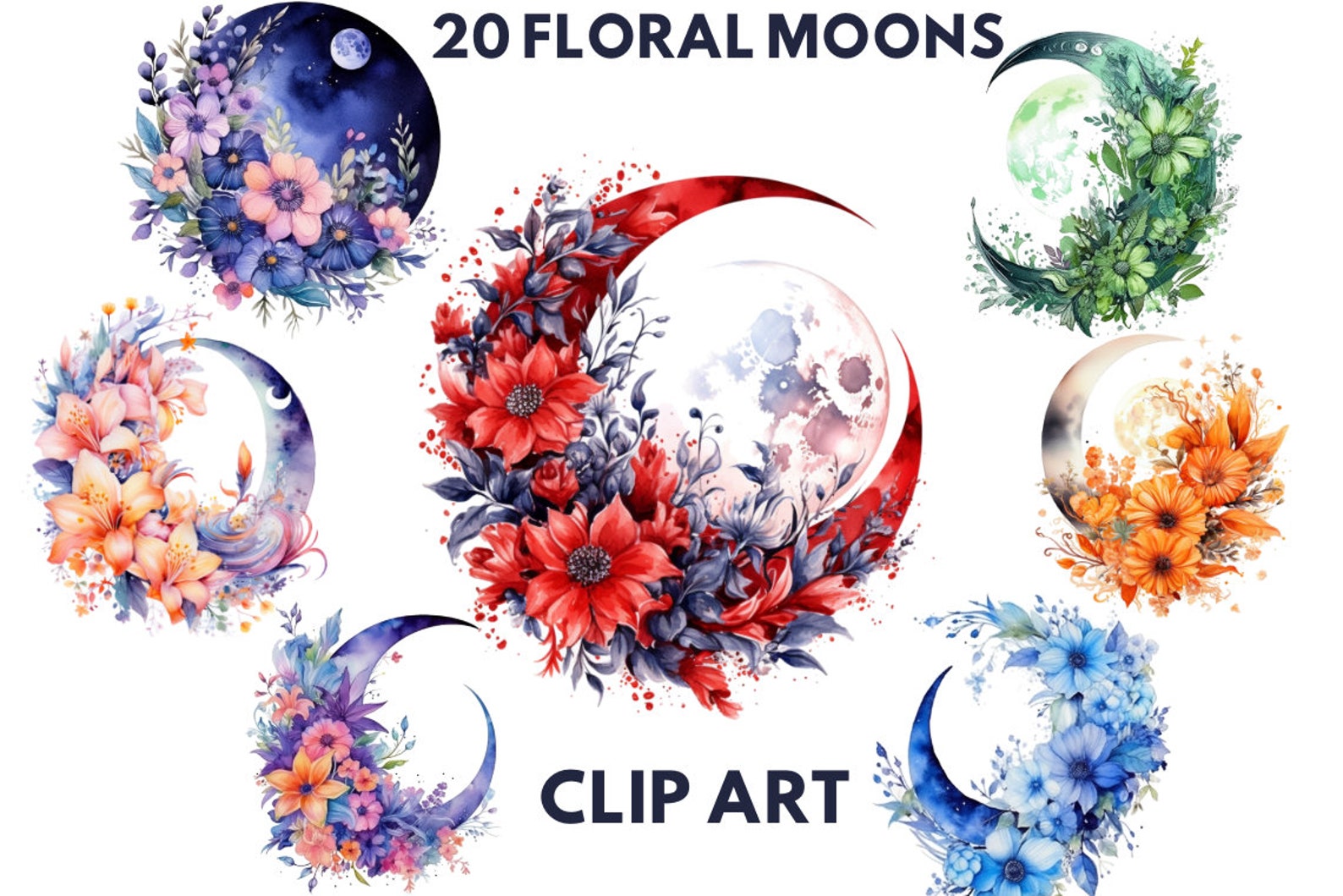 Watercolor Floral Moons Clipart Floral Crescent Moons With Flowers PNG Instant Download, Digital ...