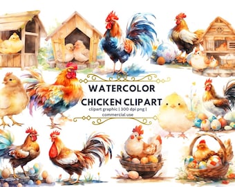 64 Watercolor Chicken Clipart PNG Bundle, Cute Roosters Chickens and ...