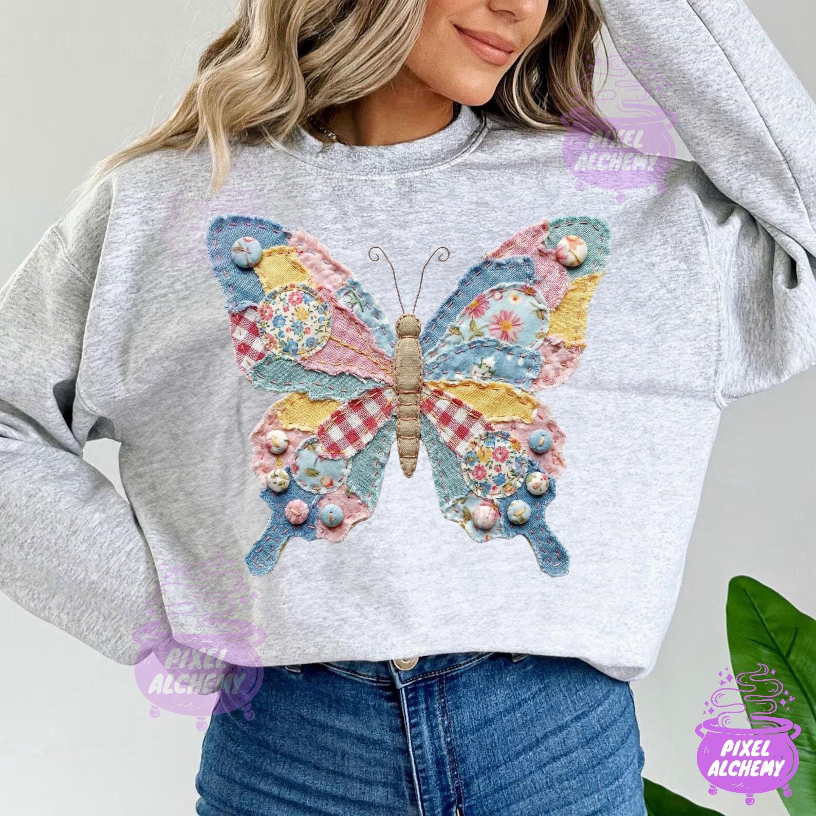 Butterfly Faux Patchwork PNG, Spring Girl Sublimation, Floral Quilted ...