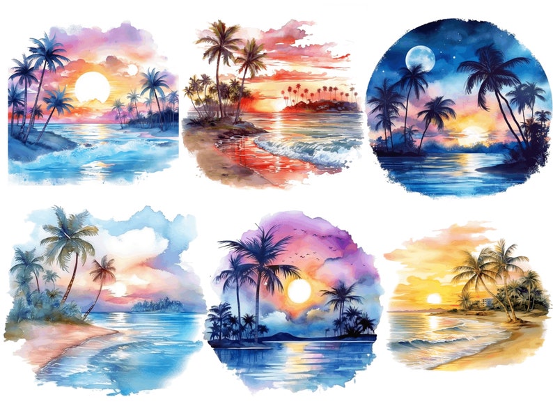 Watercolor Tropical Sunsets Clipart Summer Clipart Sunset - Etsy