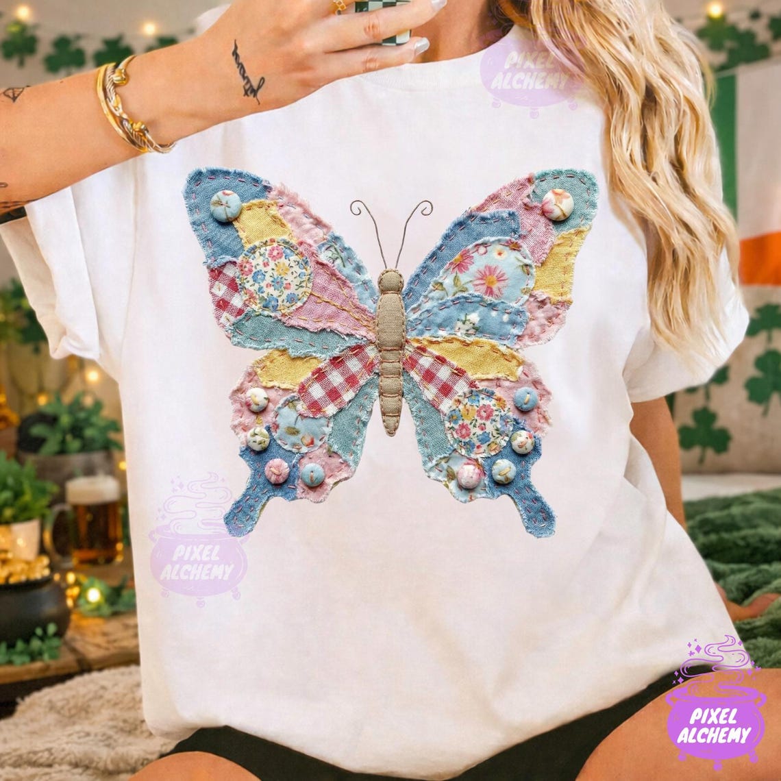 Butterfly Faux Patchwork PNG, Spring Girl Sublimation, Floral Quilted ...