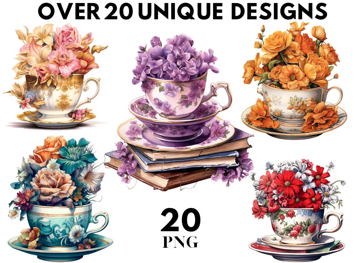 Set of 20, Watercolor Vintage Teacup Clipart, Tea Time Art, Flower ...