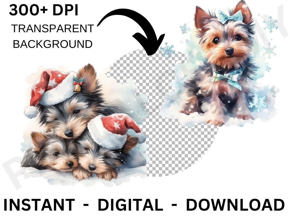 Christmas Yorkshire Terrier Watercolor Clipart, Christmas Yorkie, Cute ...