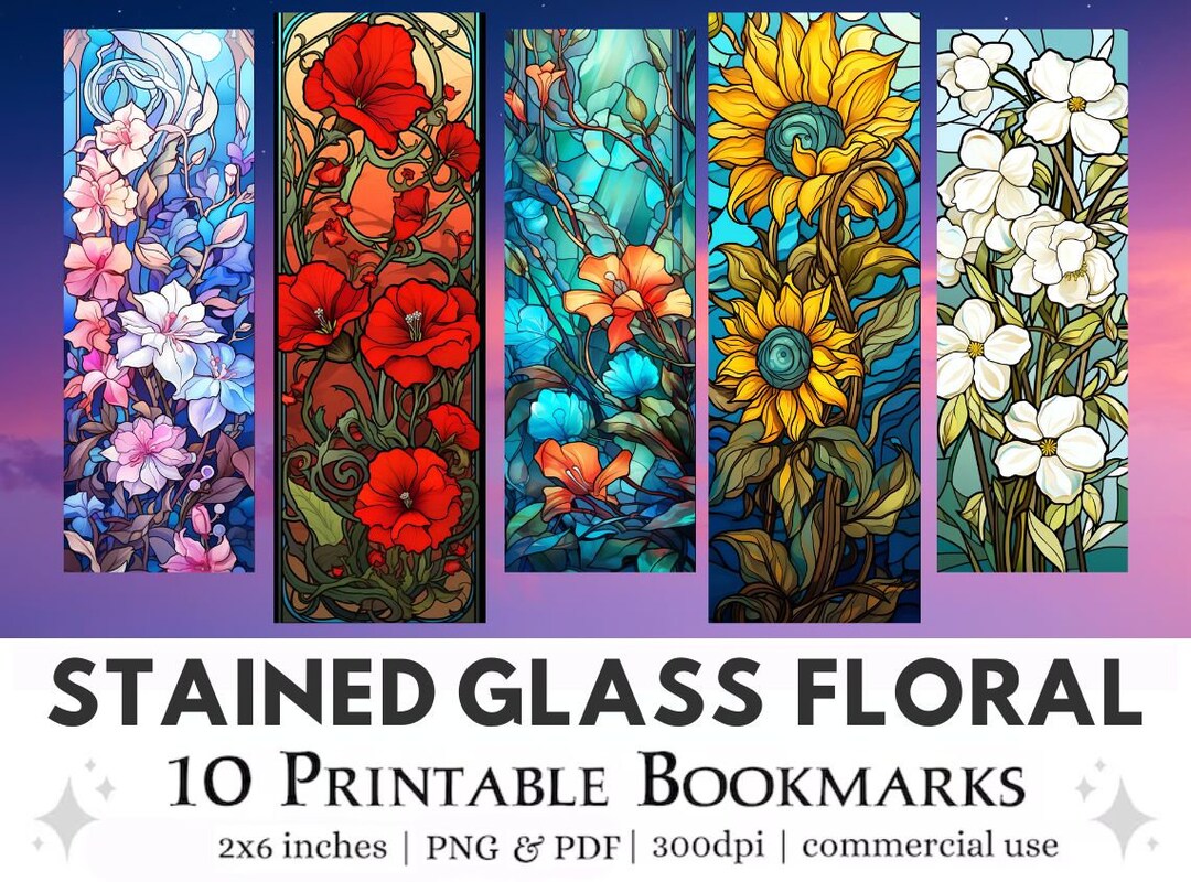 Stained Glass Flowers Printable Bookmarks, Digital Download Bookmark ...