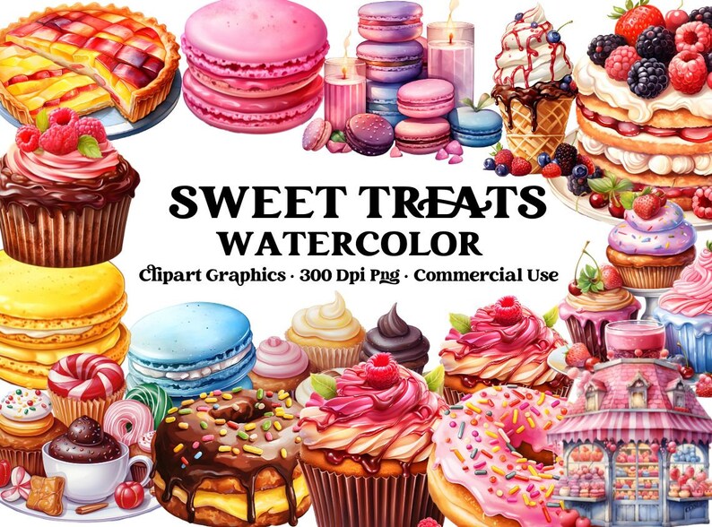 Watercolor Cute Sweets Clipart Tasty Desserts Cookies - Etsy