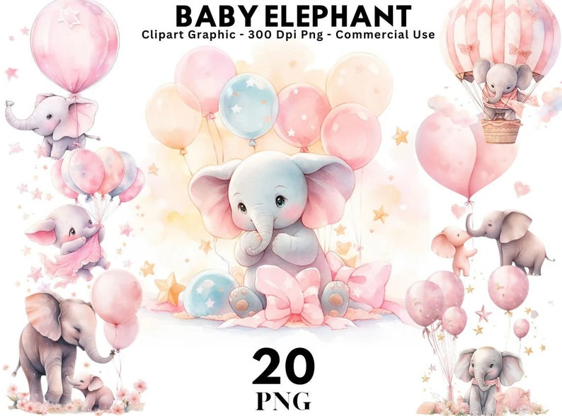 Watercolor Elephant, Baby Elephant Clipart, Baby Elephant With Balloons ...