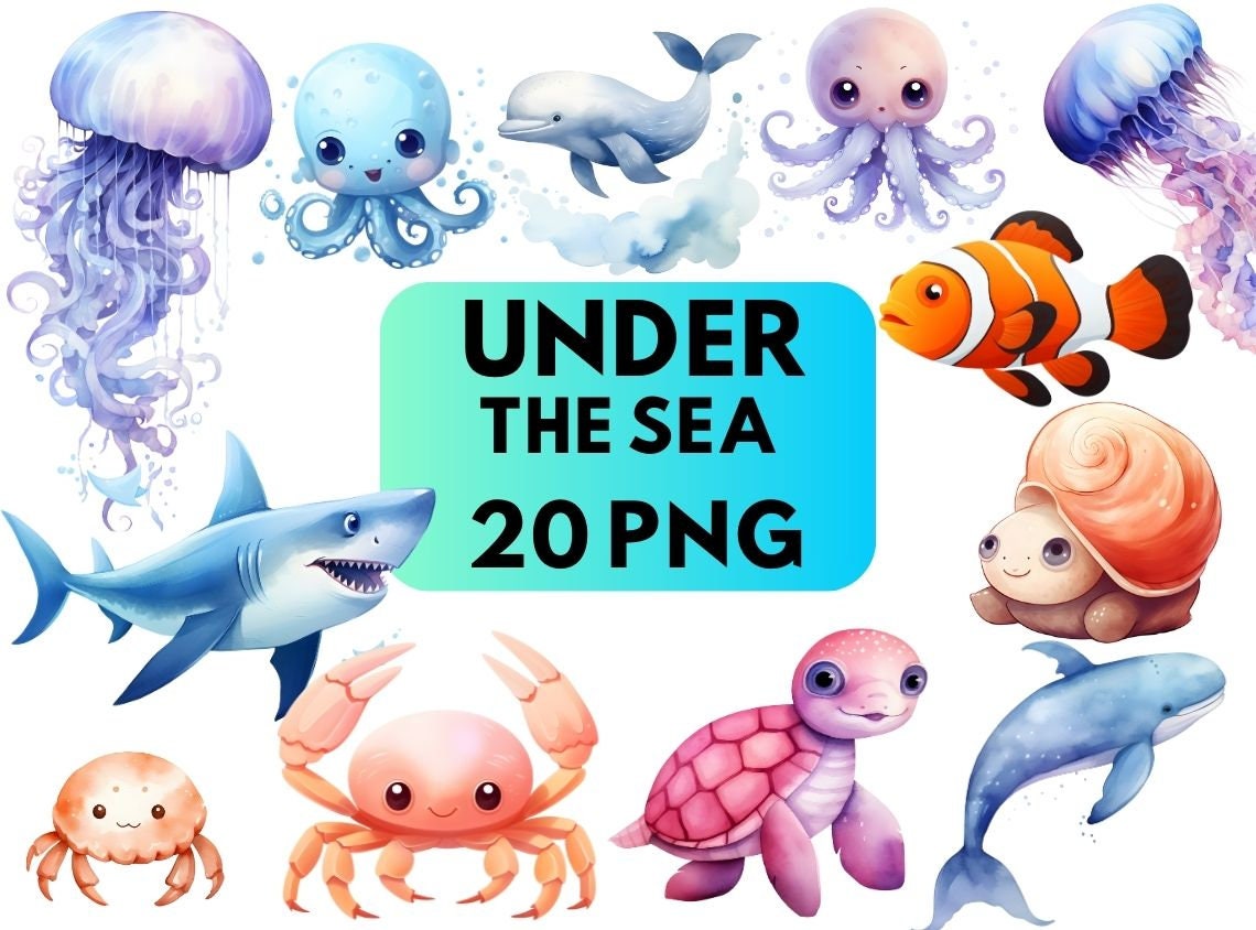 Sea Animals Watercolor Clipart Baby Shower Clip Art Ocean - Etsy