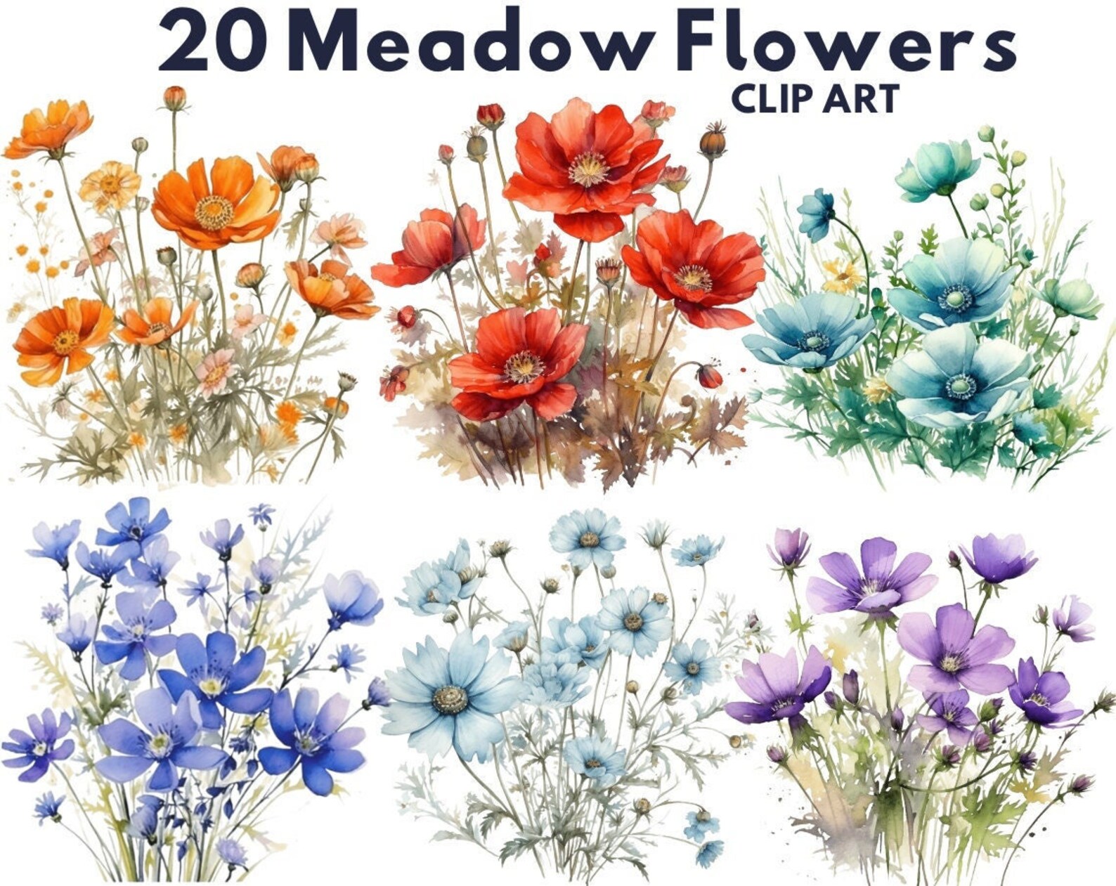 Watercolor Meadow Flowers Clipart Wildflower Floral PNG Png - Etsy
