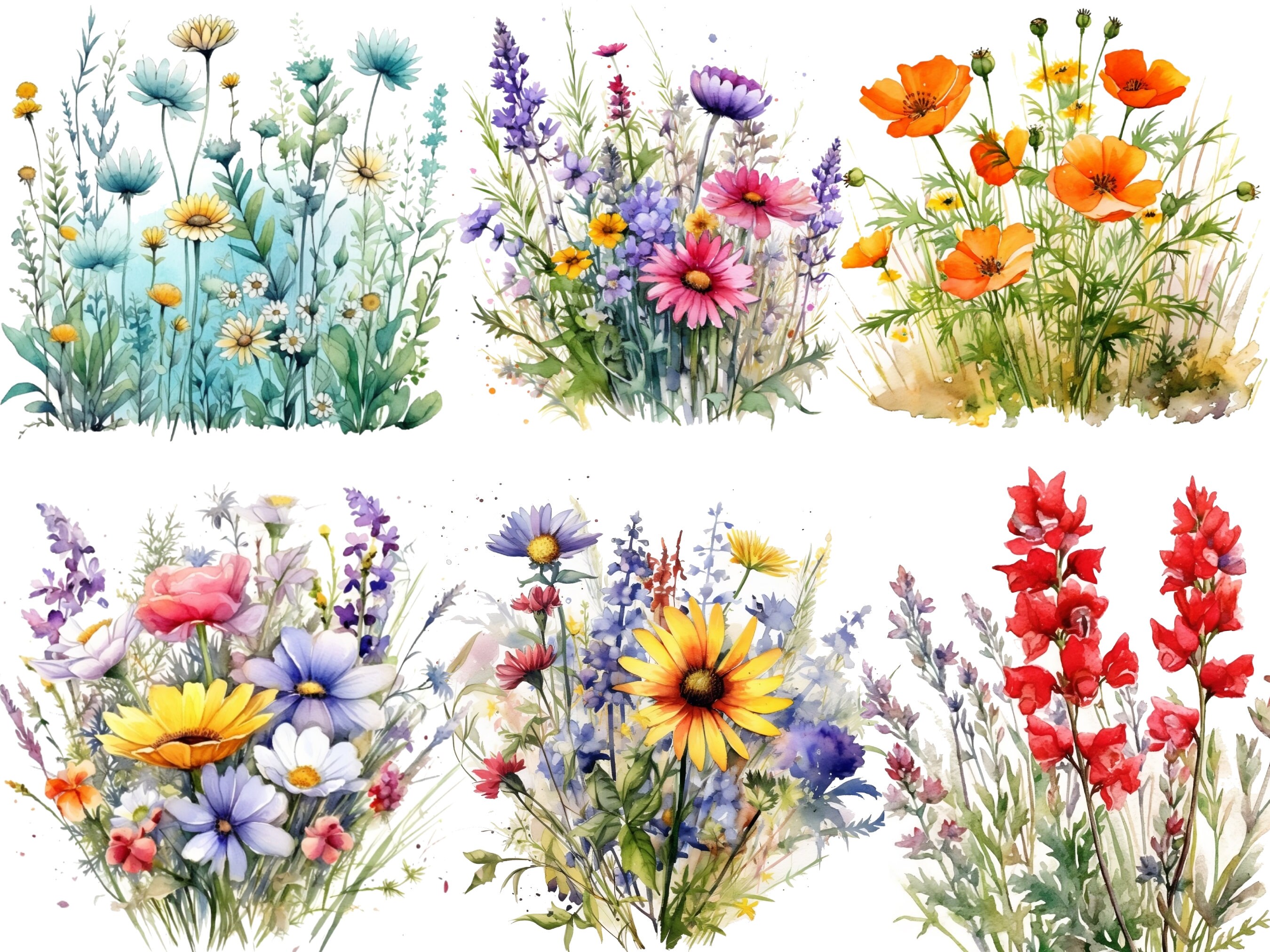 Watercolor Meadow Flowers Clipart Wildflower Floral PNG Png - Etsy