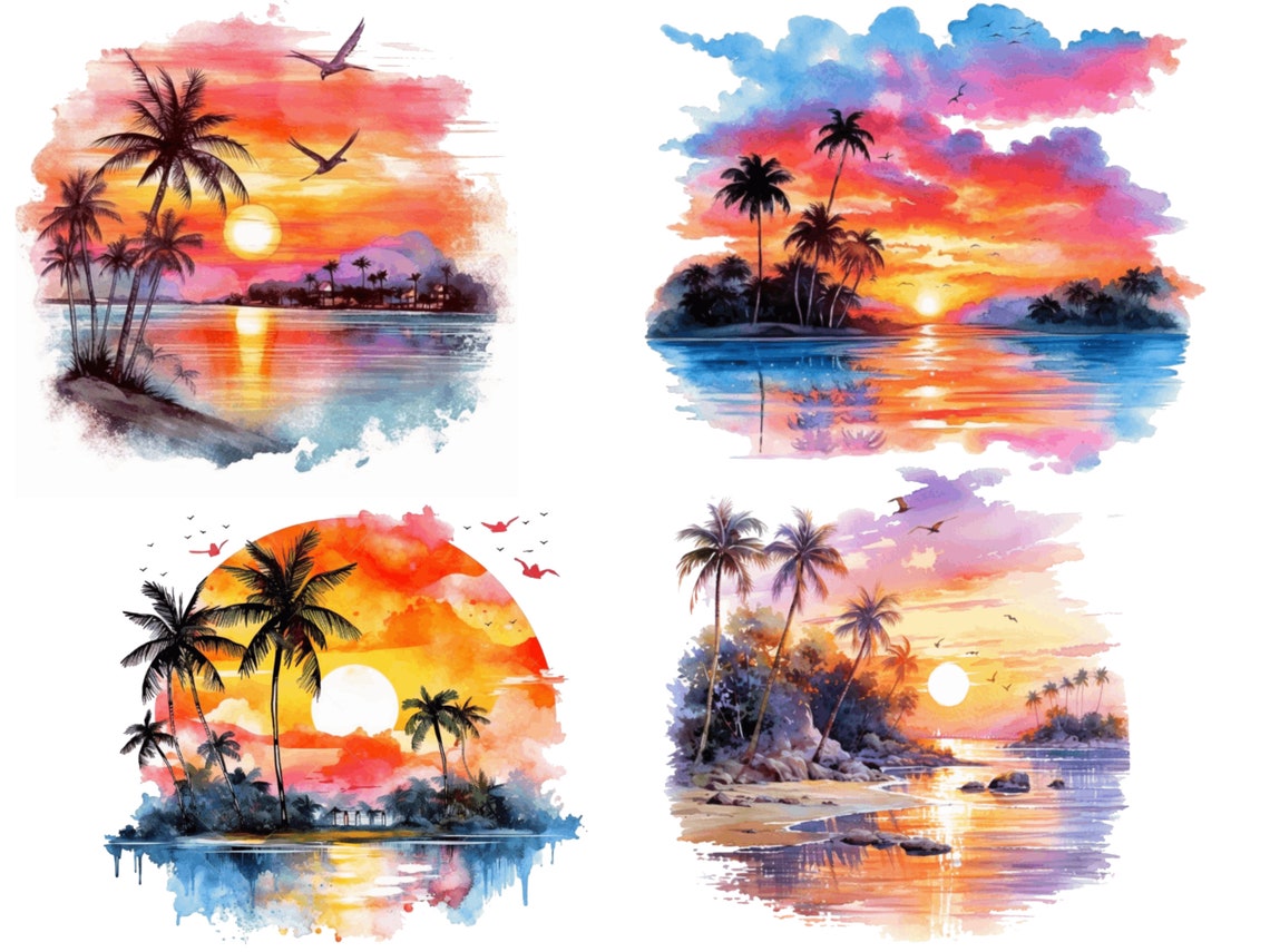 Watercolor Tropical Sunsets Clipart, Summer Clipart, Sunset Svg ...