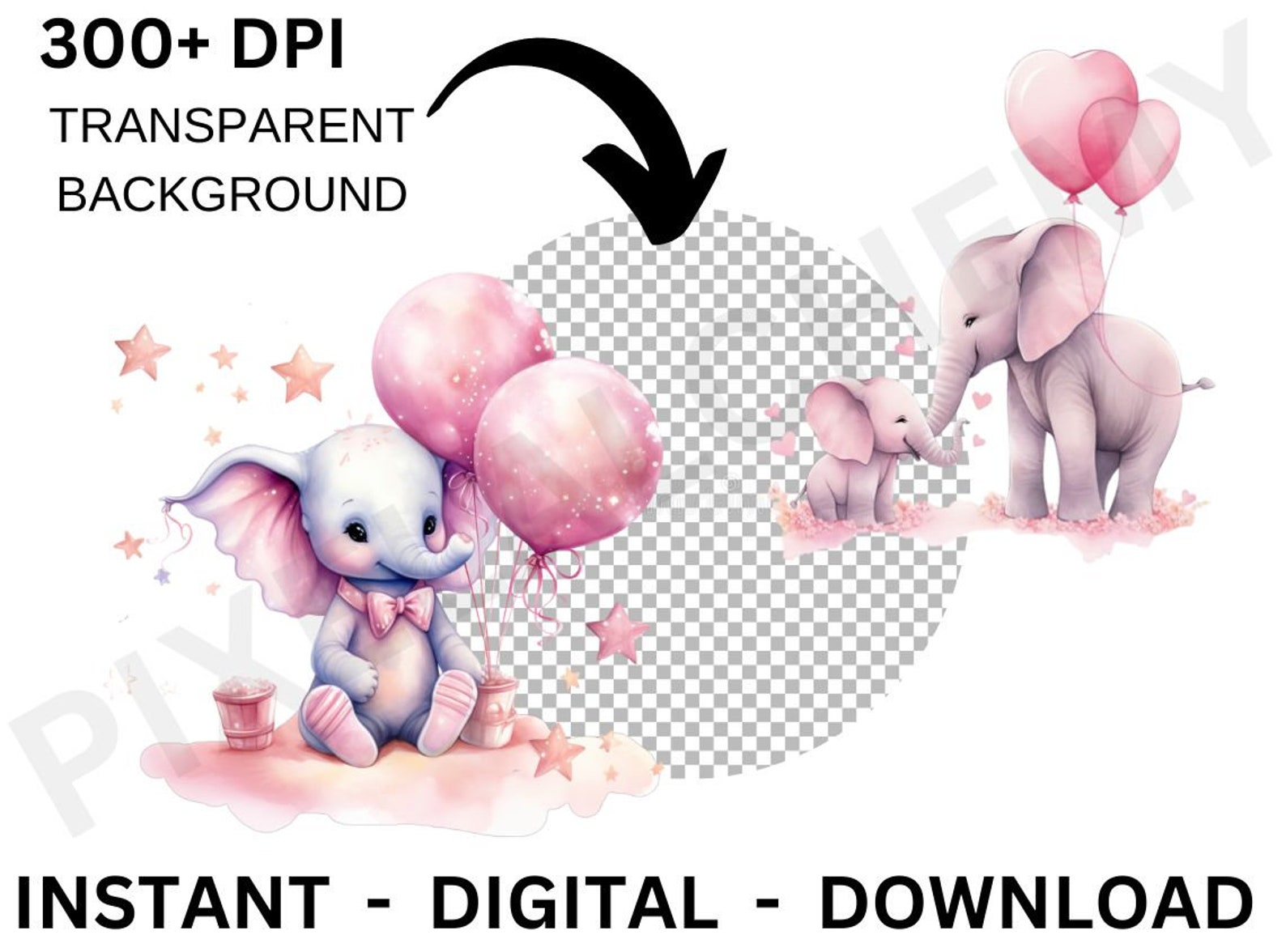 Watercolor Elephant, Baby Elephant Clipart, Baby Elephant With Balloons ...