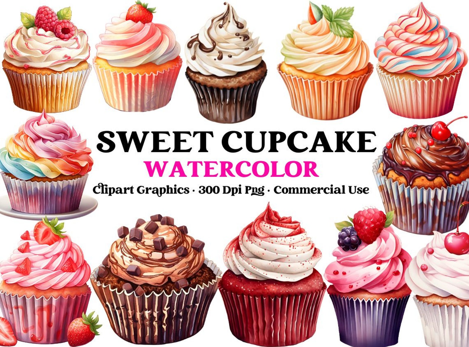 Watercolor Cupcake Clipart, Watercolor Cute Sweets Clipart, Baking ...