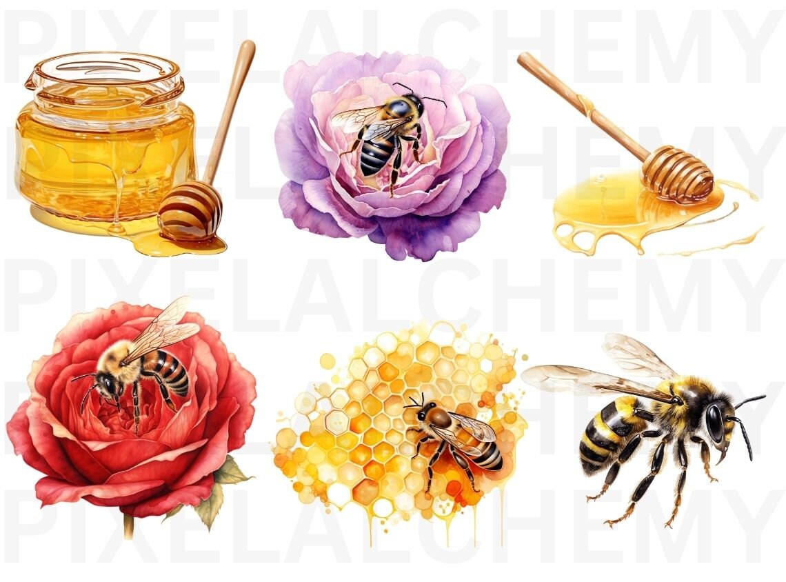Watercolor Honey Bee Clipart, Spring Garden Bee and Honey Drips Clip ...