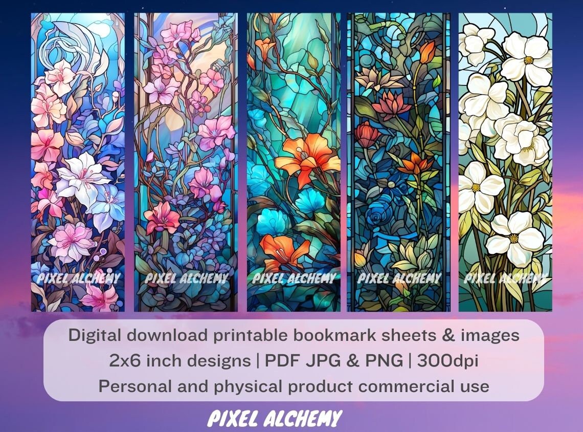Stained Glass Flowers Printable Bookmarks Digital Download - Etsy