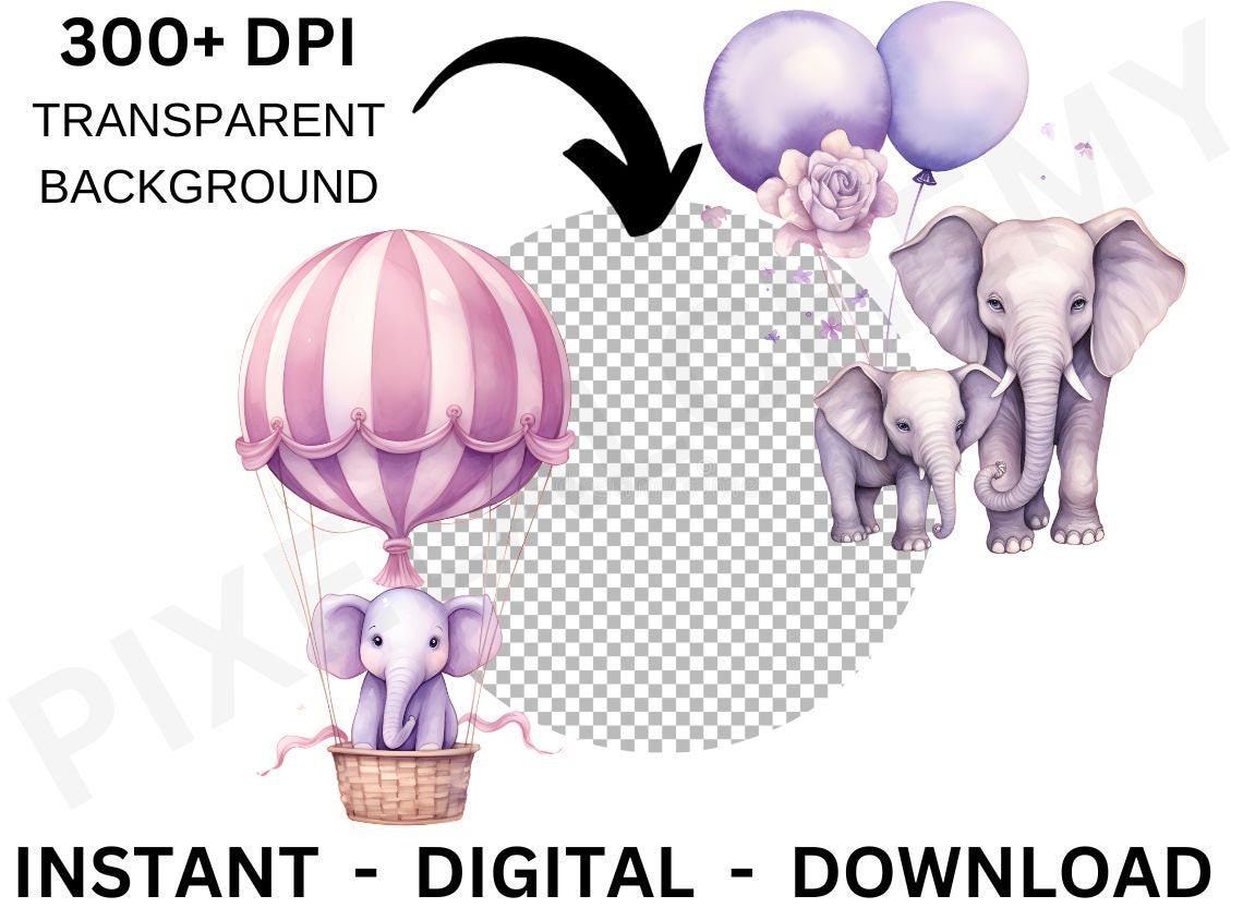 Watercolor Elephant, Baby Elephant Clipart, Baby Elephant With Balloons ...