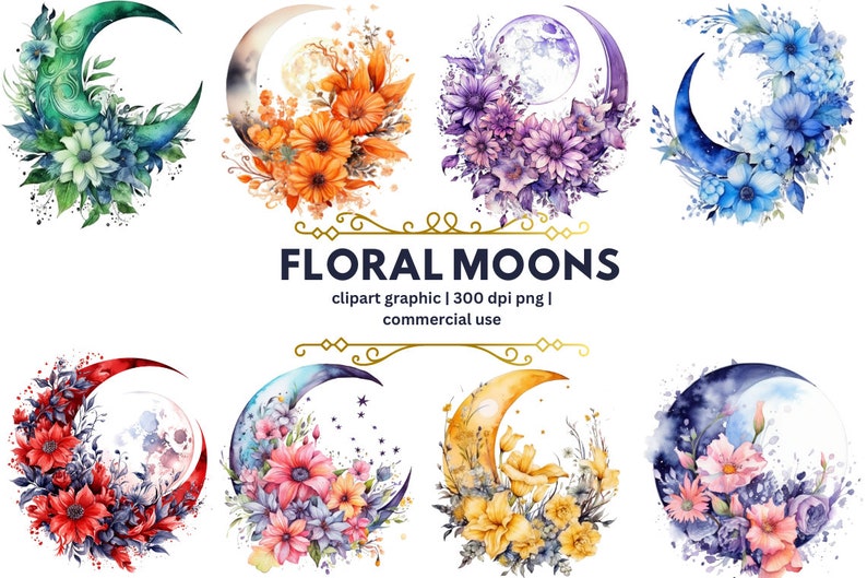 Watercolor Floral Moons Clipart Floral Crescent Moons With Flowers PNG ...