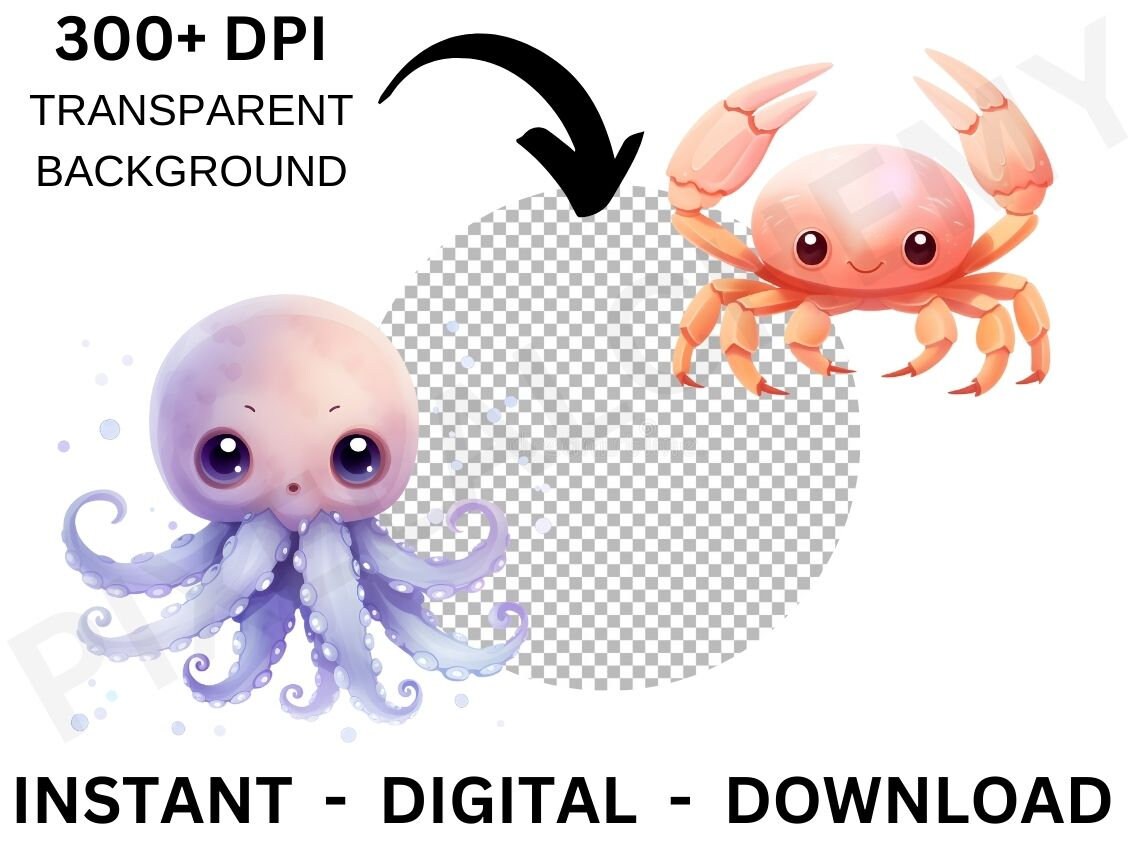 Sea Animals Watercolor Clipart Baby Shower Clip Art Ocean - Etsy