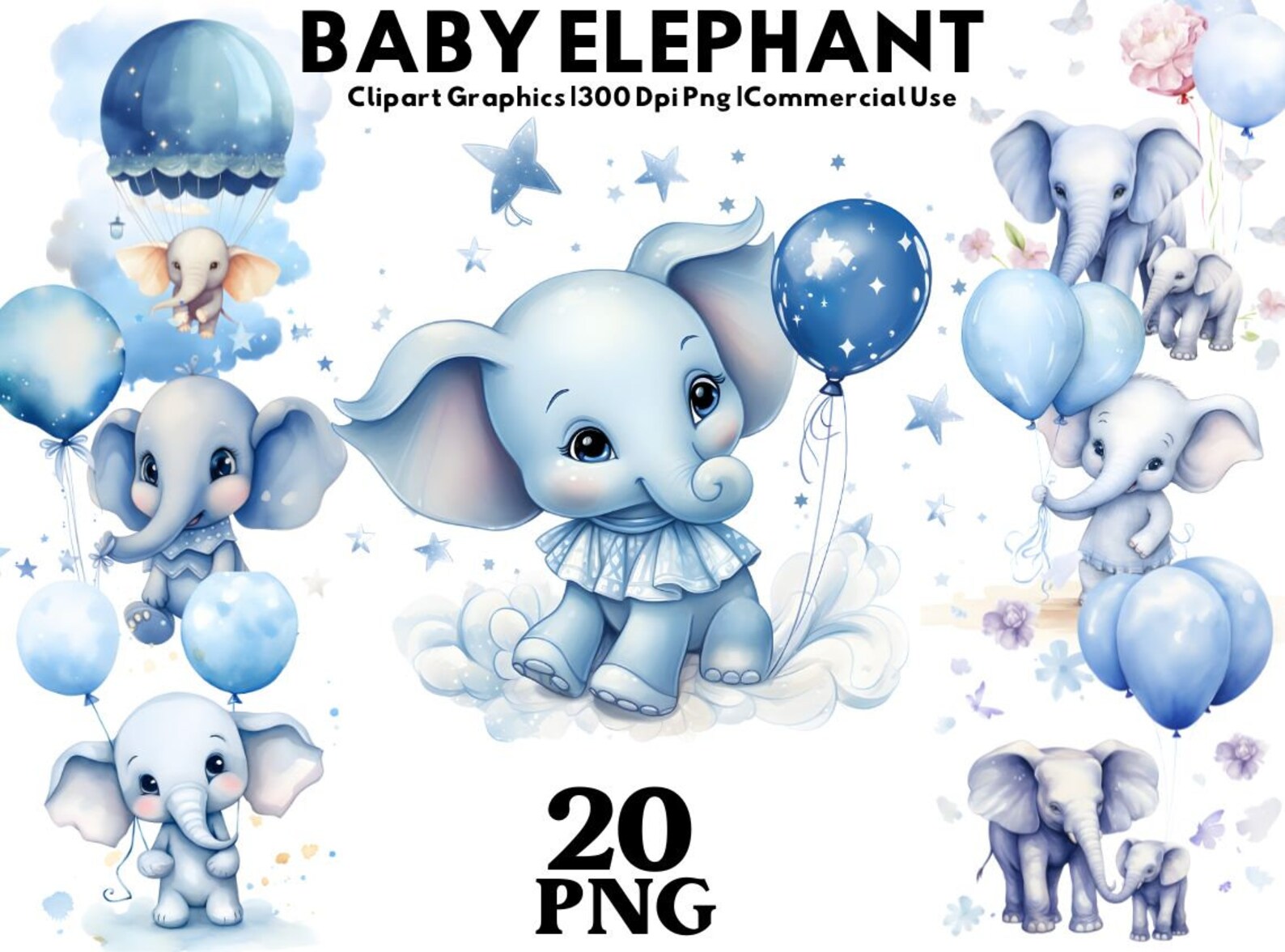 Watercolor Elephant, Baby Elephant Clipart, Baby Elephant With Balloons ...