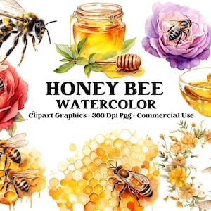 Watercolor Honey Bee Clipart, Spring Garden Bee and Honey Drips Clip ...