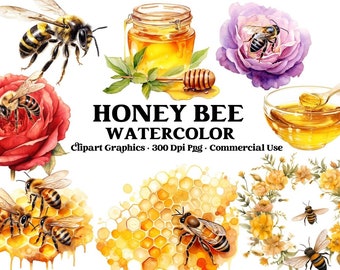Watercolor Honey Bee Clipart, Spring Garden Bee and Honey Drips Clip ...