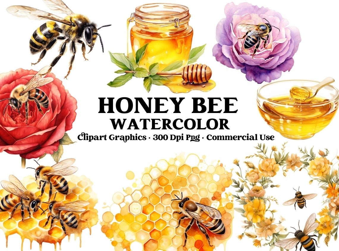 Watercolor Honey Bee Clipart, Spring Garden Bee and Honey Drips Clip ...