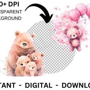 Watercolor Bear, Baby Bear Clipart, Baby Bear With Balloons Png, Baby ...