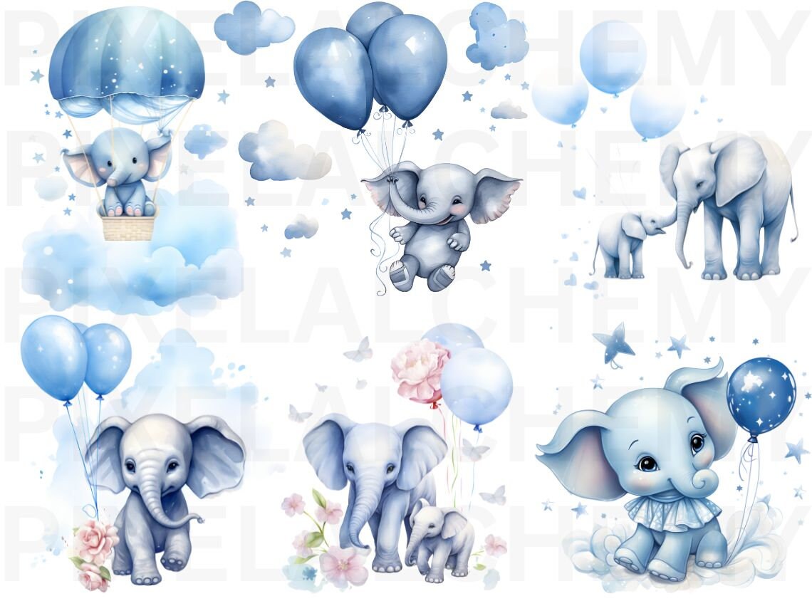Watercolor Elephant, Baby Elephant Clipart, Baby Elephant With Balloons ...