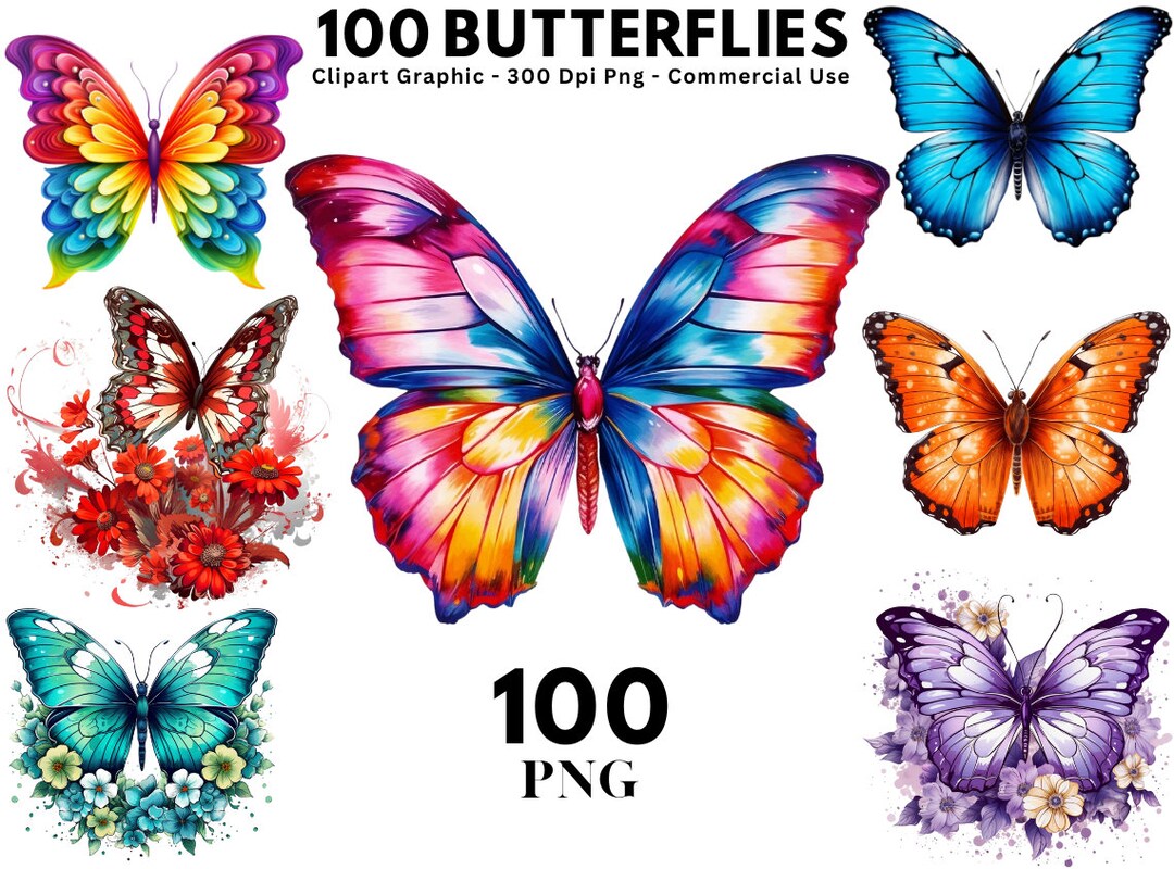 Set of 100 Best Colorful Butterfly Clipart Bundle, Watercolor Butterfly ...