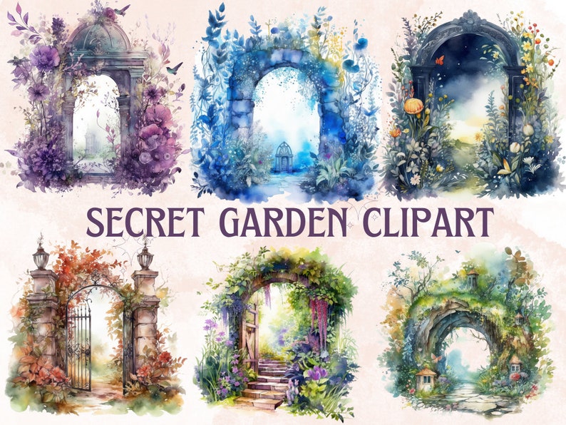 20 PNG Watercolor Secret Garden Clipart, Fairy Garden Clip Art, Garden ...