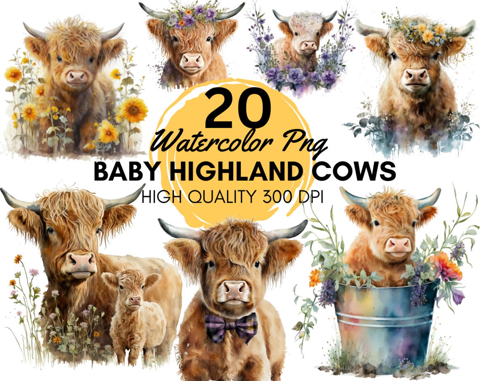 Highland Cow Png, Watercolor Clipart, Highland Cow Baby, Cow Printable ...