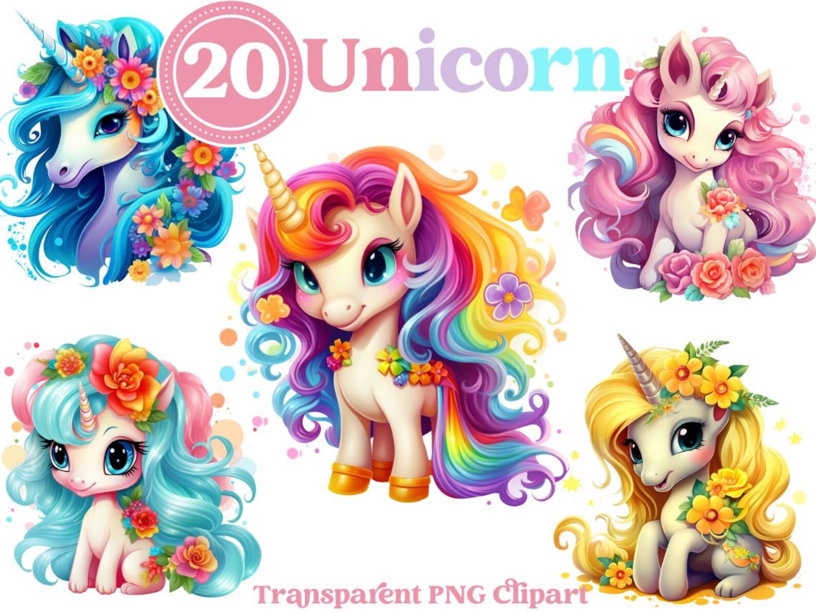 Cute Unicorn Watercolor Clipart, Unicorn Png Clip Art Bundle, Nursery ...