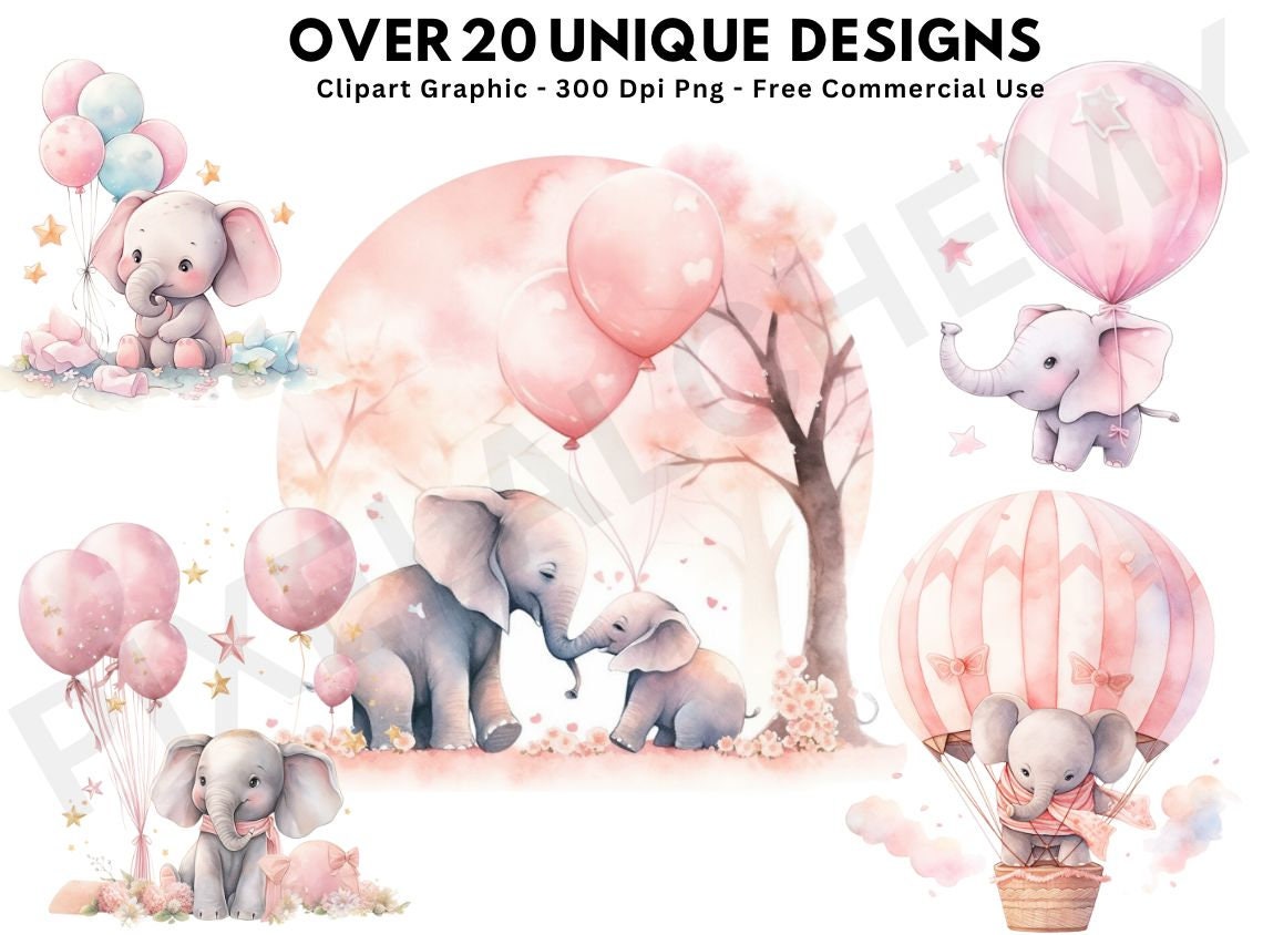 Watercolor Elephant, Baby Elephant Clipart, Baby Elephant With Balloons ...