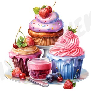 Watercolor Cute Sweets Clipart, Tasty Desserts, Cookies, Cupcakes ...