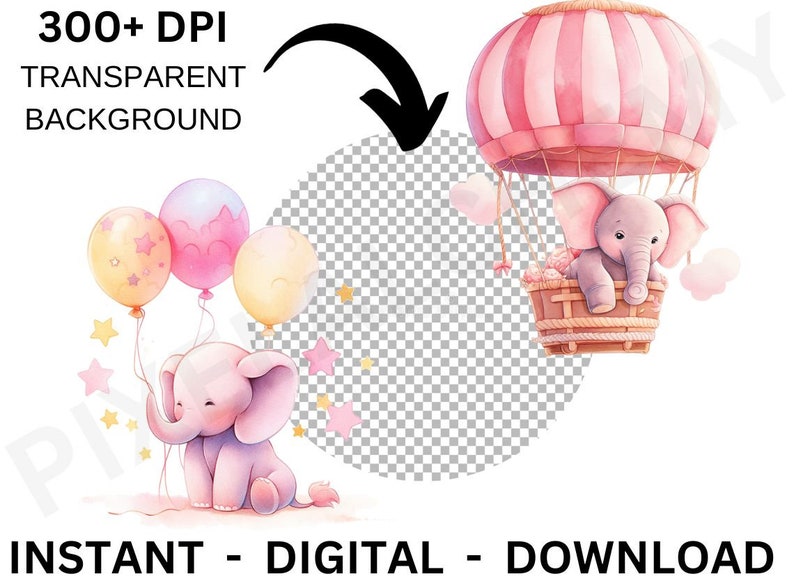 Watercolor Elephant, Baby Elephant Clipart, Baby Elephant With Balloons ...